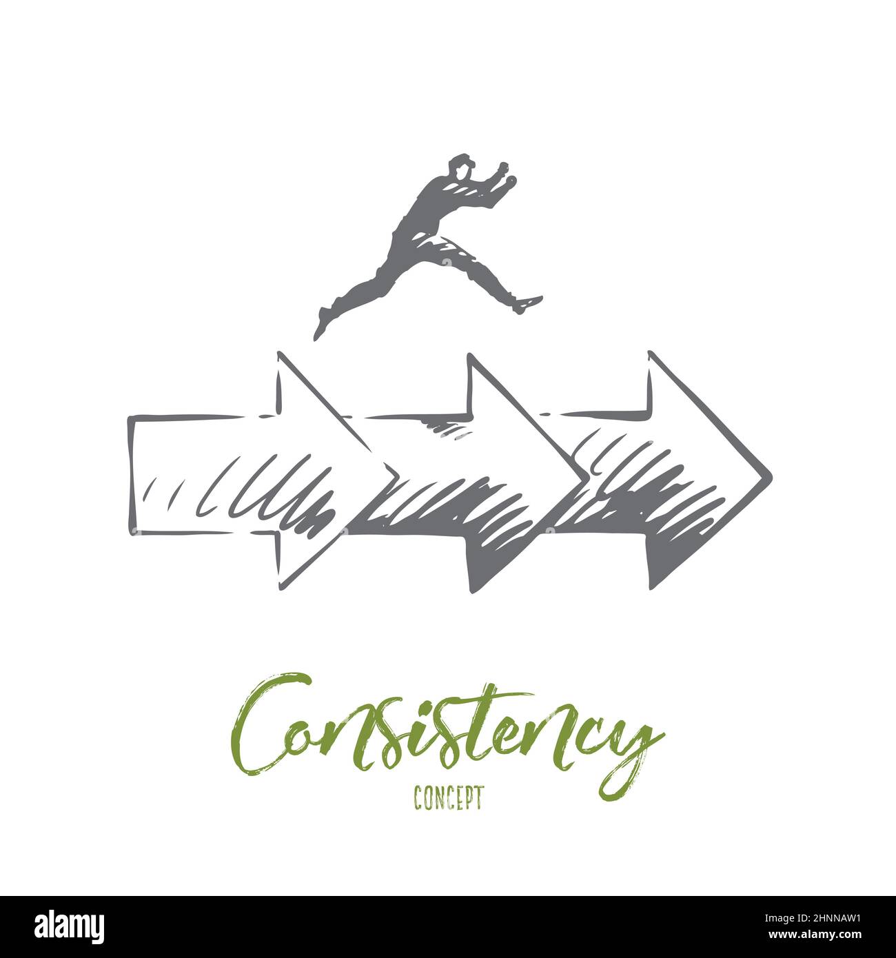 Consistency, business, arrow, success concept. Hand drawn man jumping ...