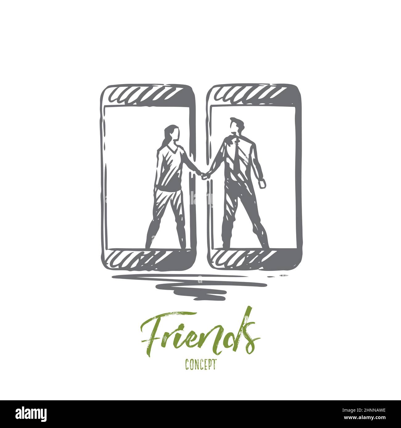 Friends, mobile, network, connection, gadget concept. Hand drawn ...