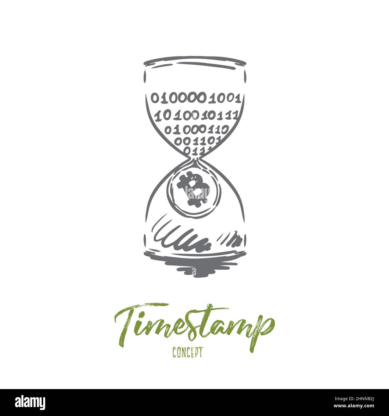 Timestamp, bitcoin, blockchain, currency, digital concept. Hand drawn ...