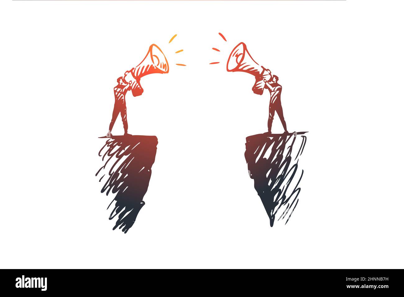 Communication, people, two, talk, megaphone concept. Hand drawn two ...