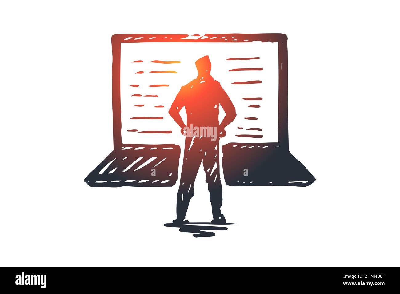 Computer, laptop, person, work, technology concept. Hand drawn person ...