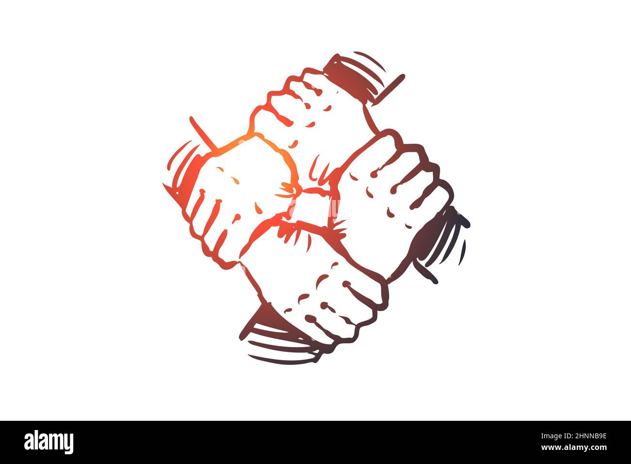 Integration, hand, teamwork, together, group concept. Hand drawn human ...