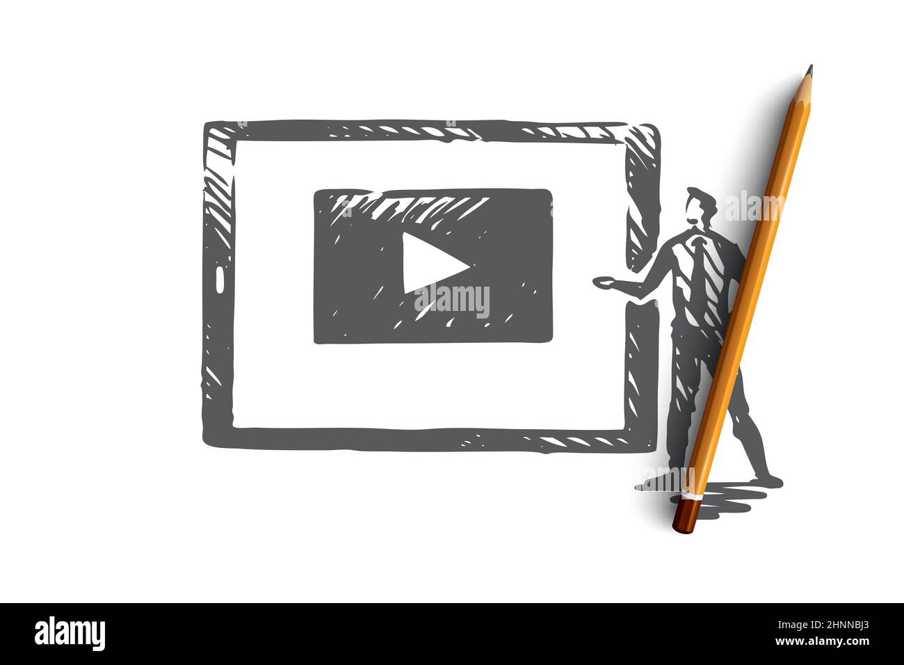 Watch our video, internet, play, media, web concept. Hand drawn screen ...