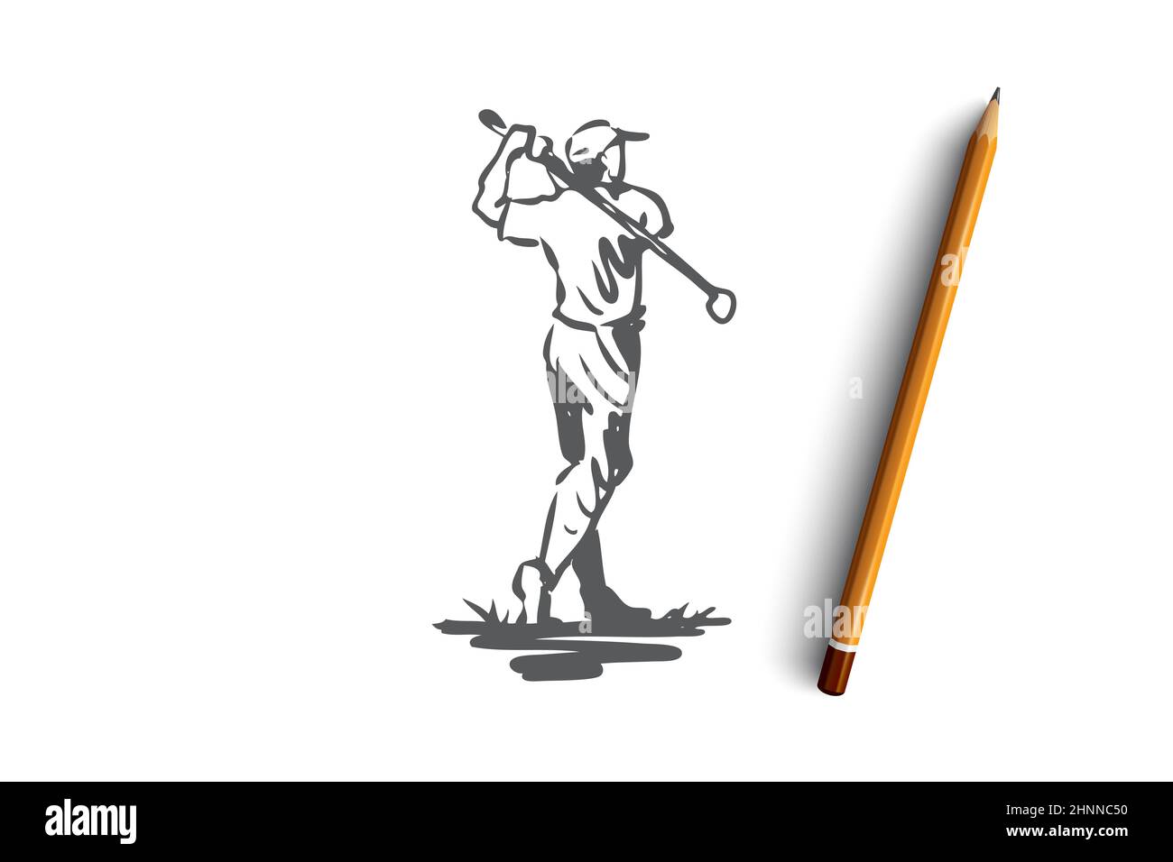 Golf, man, ball, game, sport concept. Hand drawn man playing golf ...