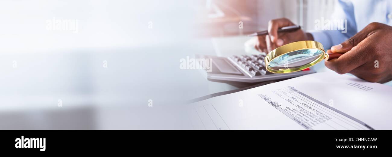 Audit And Fraud Investigation. Auditor Using Magnifying Glass On ...