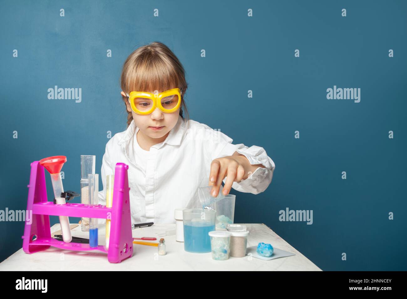 Chemistry equipment. Happy child and science education. Little kid ...