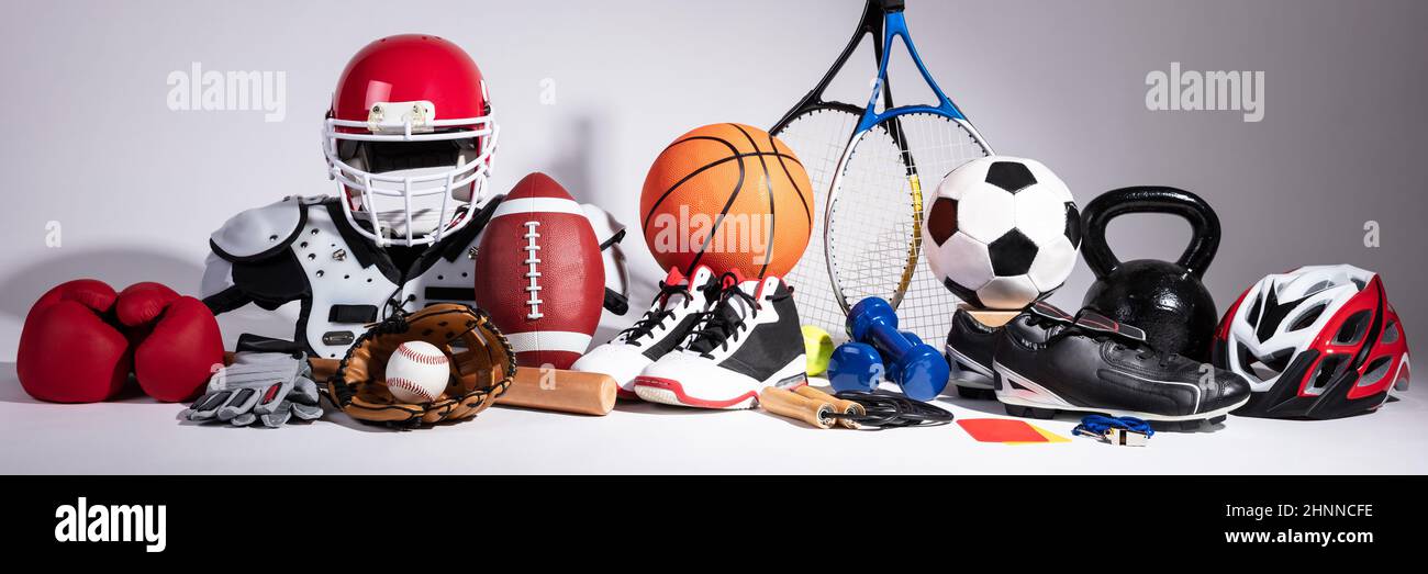 Sport Equipment Gear And Accessories. Various Summer Games Stock Photo ...