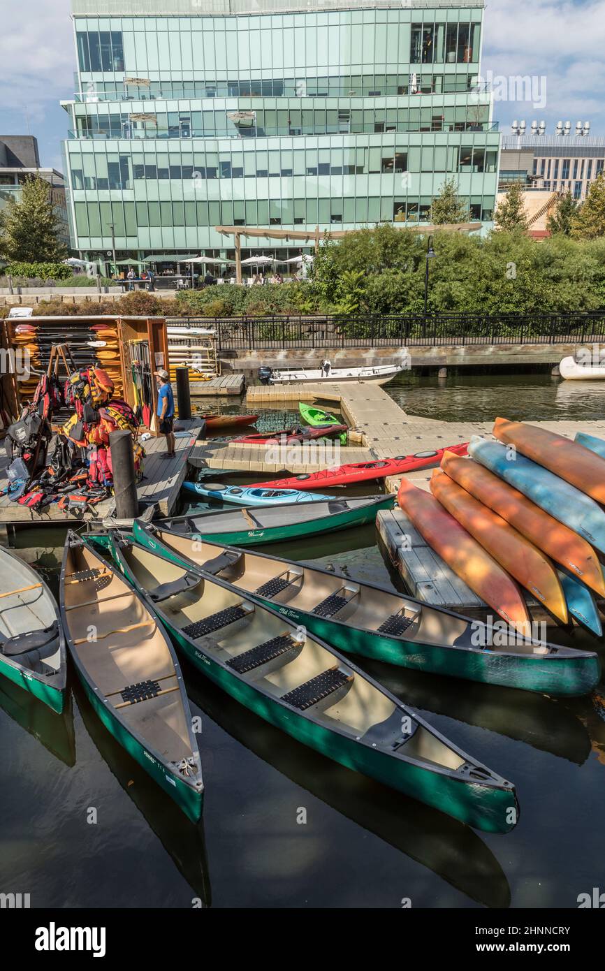 people rent a canoe for exploring Boston water canals by boat Stock ...