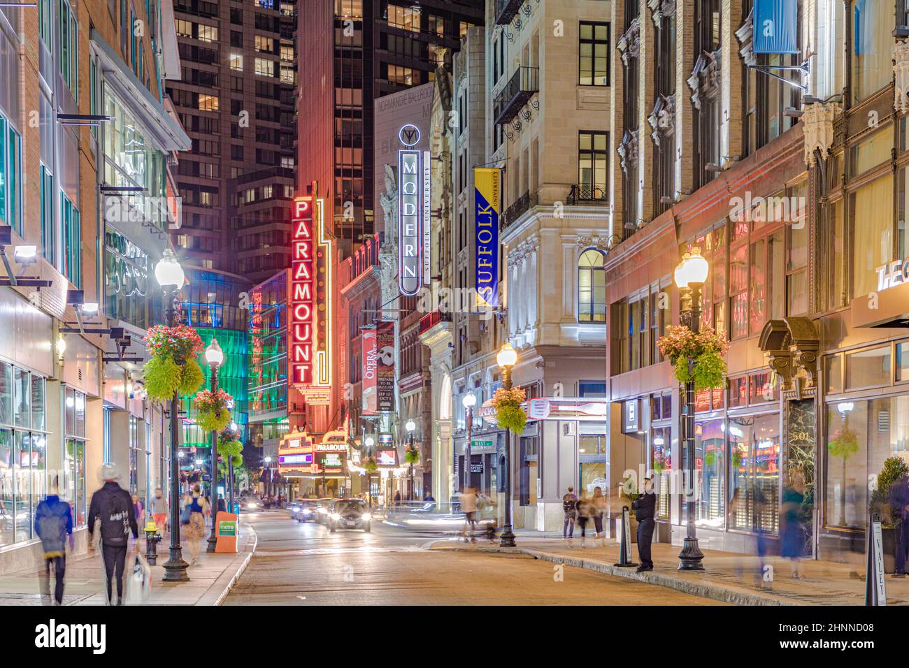 view to famous historic theater district in Boston by night Stock Photo ...