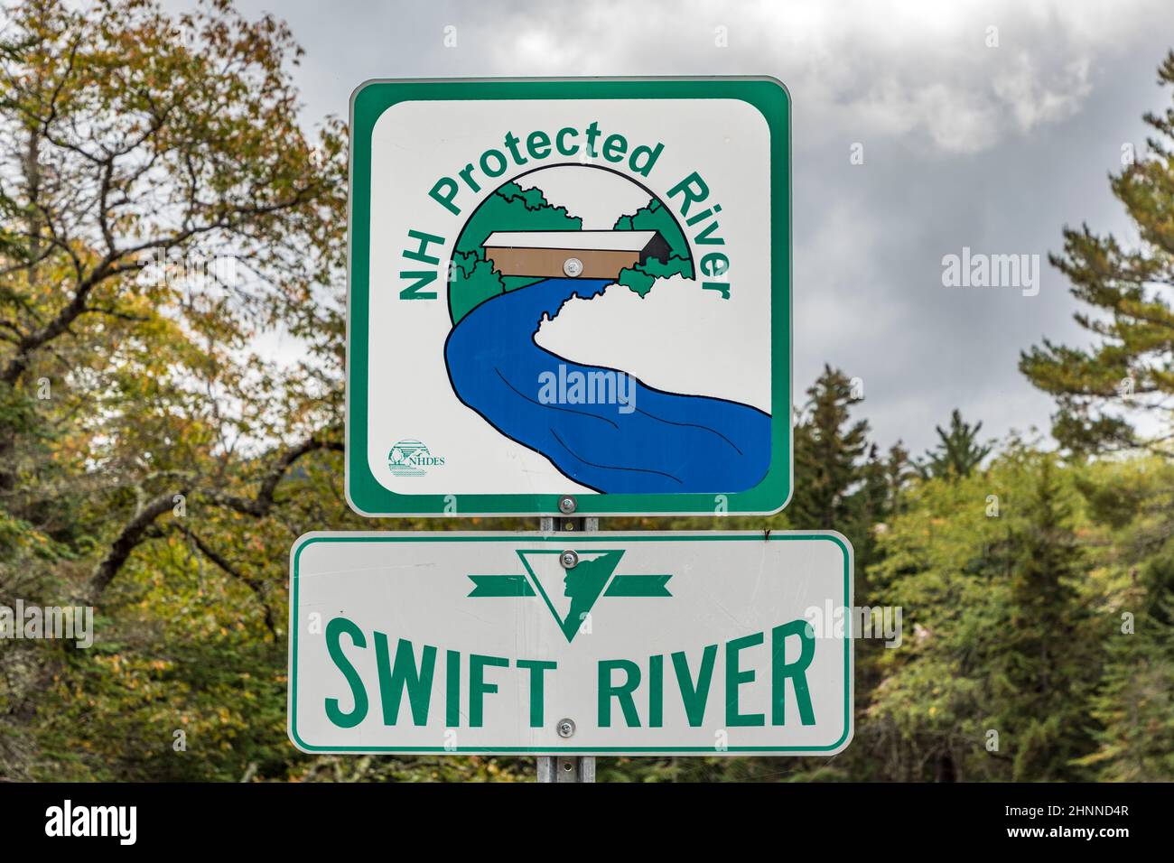 signage for river protection area at the Swift river in New Hampshire ...