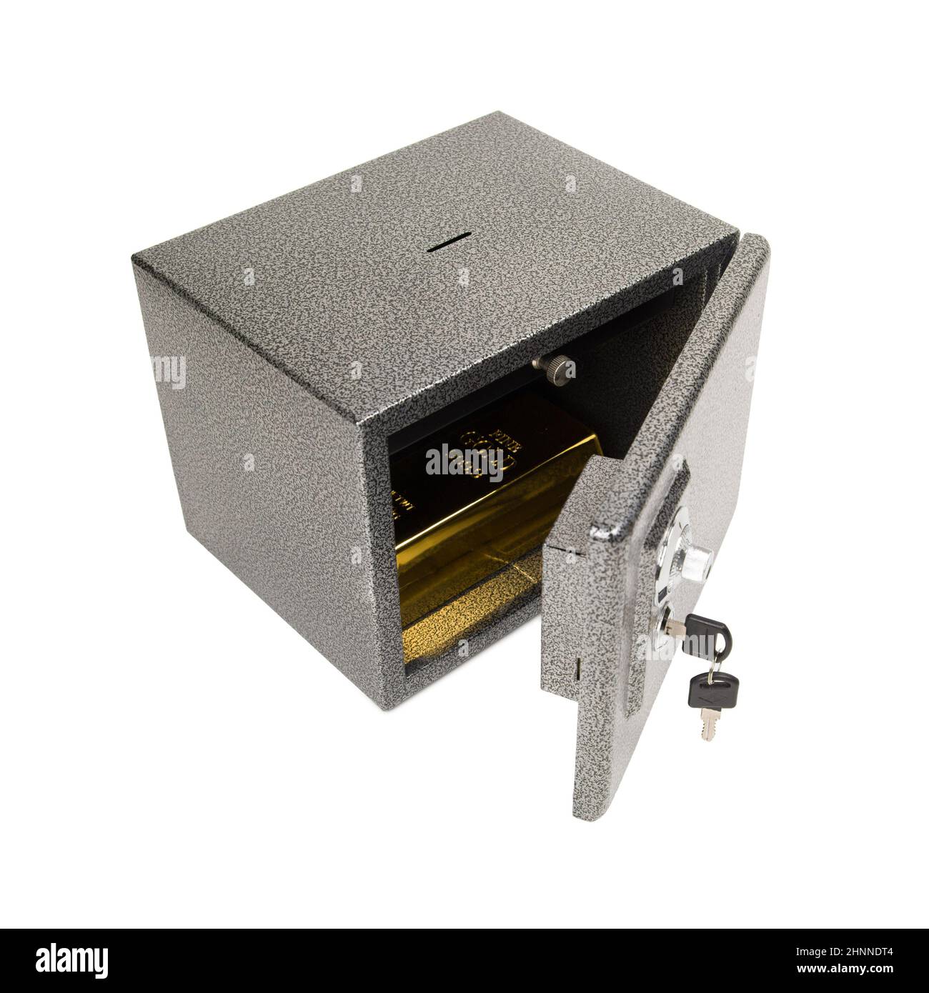 Opened safe with golden piece inside. Keeping the finances, money, gold ...