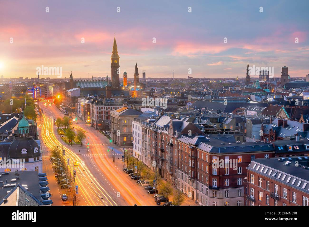 Cityscape of downtown Copenhagen city skyline in Denmark from top view ...