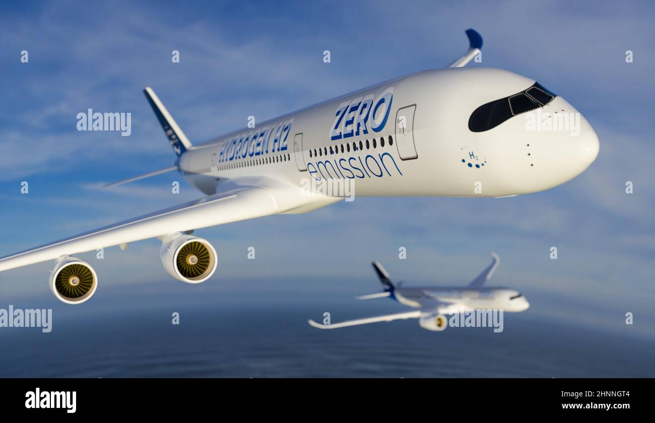 Hydrogen filled H2 Airplane flying in the sky - future H2 energy ...