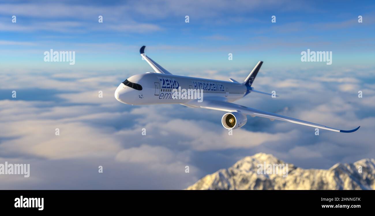 Hydrogen filled H2 Airplane flying in the sky - future H2 energy ...