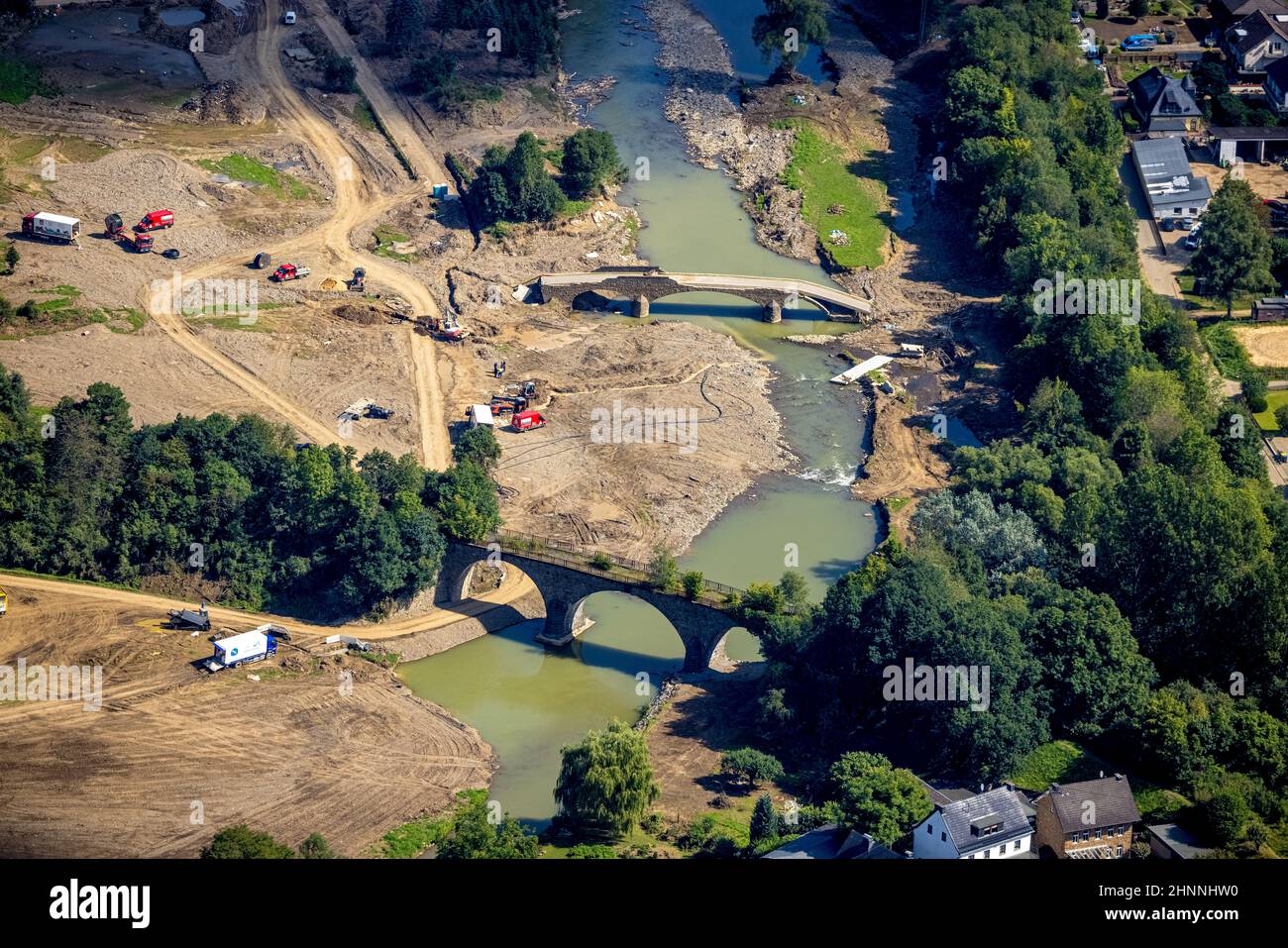 Aerial photograph, flooded area on the river Ahr with destroyed bridge ...