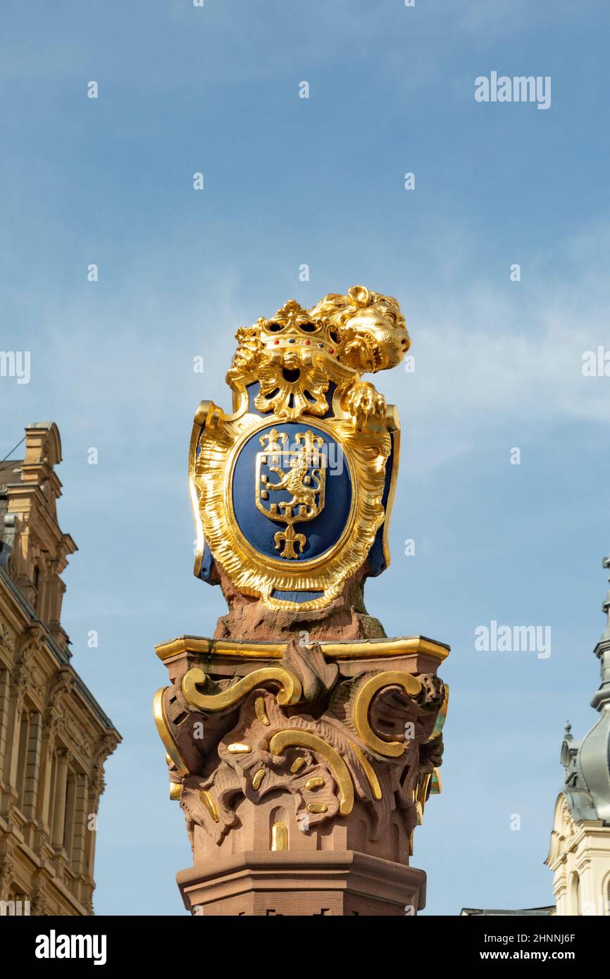the golden Lion at the market fountain in Wiesbaden is the sign for ...