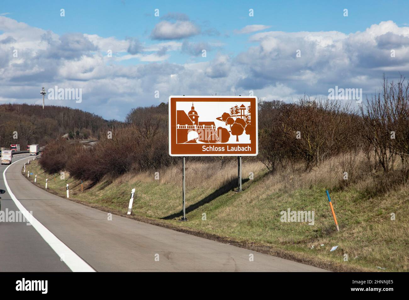 german highway on a sunny day with soft clouds at Laubach castle Stock ...