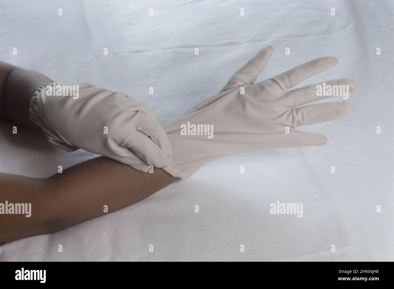 Hand Wearing Disposable Gloves against white background. High angle ...