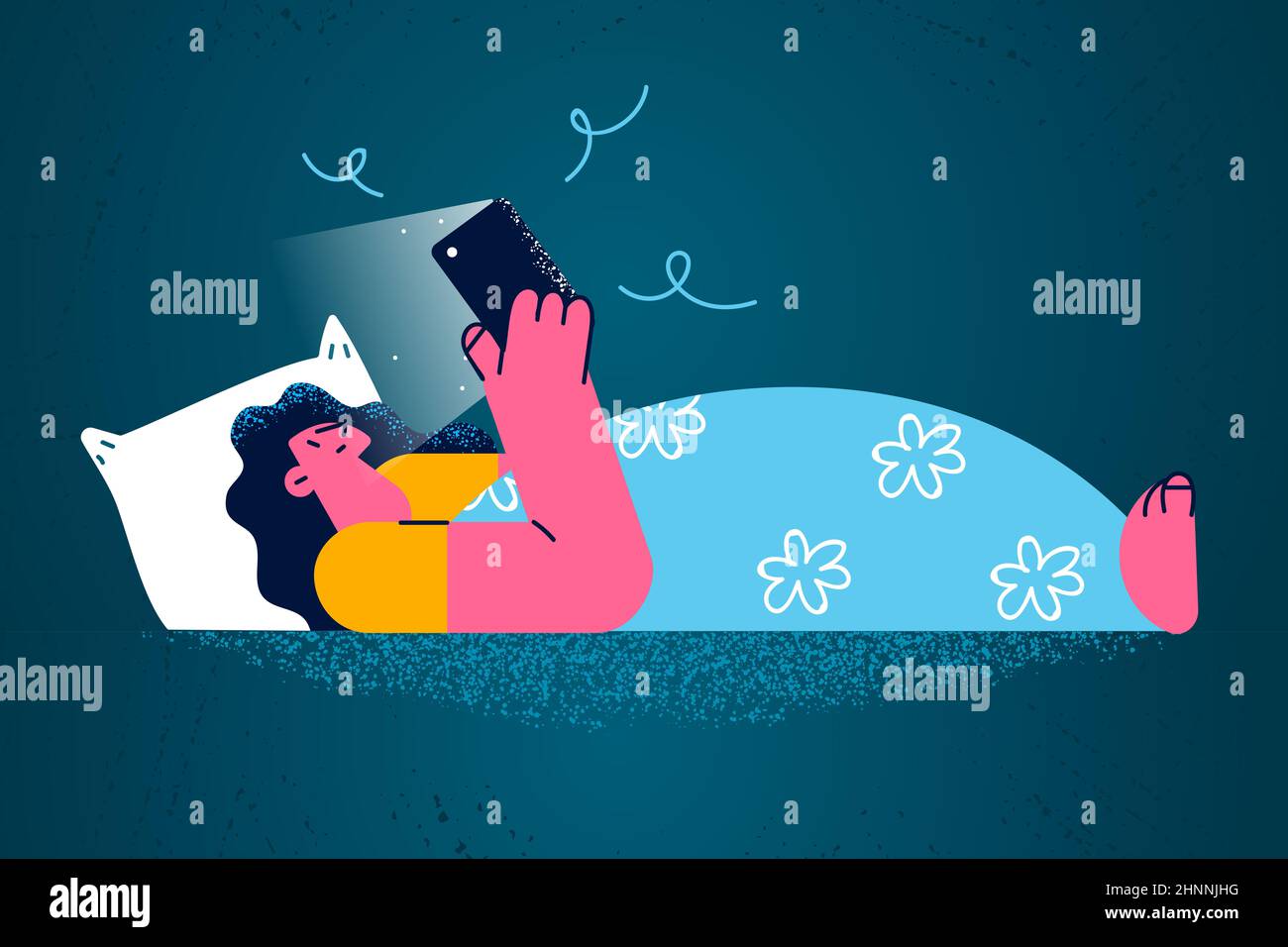 Addiction to phone and internet concept. Young smiling woman cartoon ...