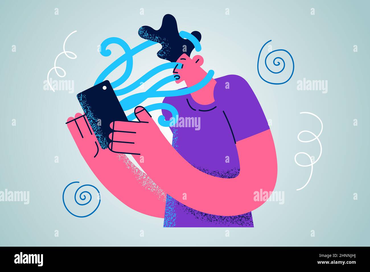 Addiction to media and gadgets concept. Young stressed man cartoon ...