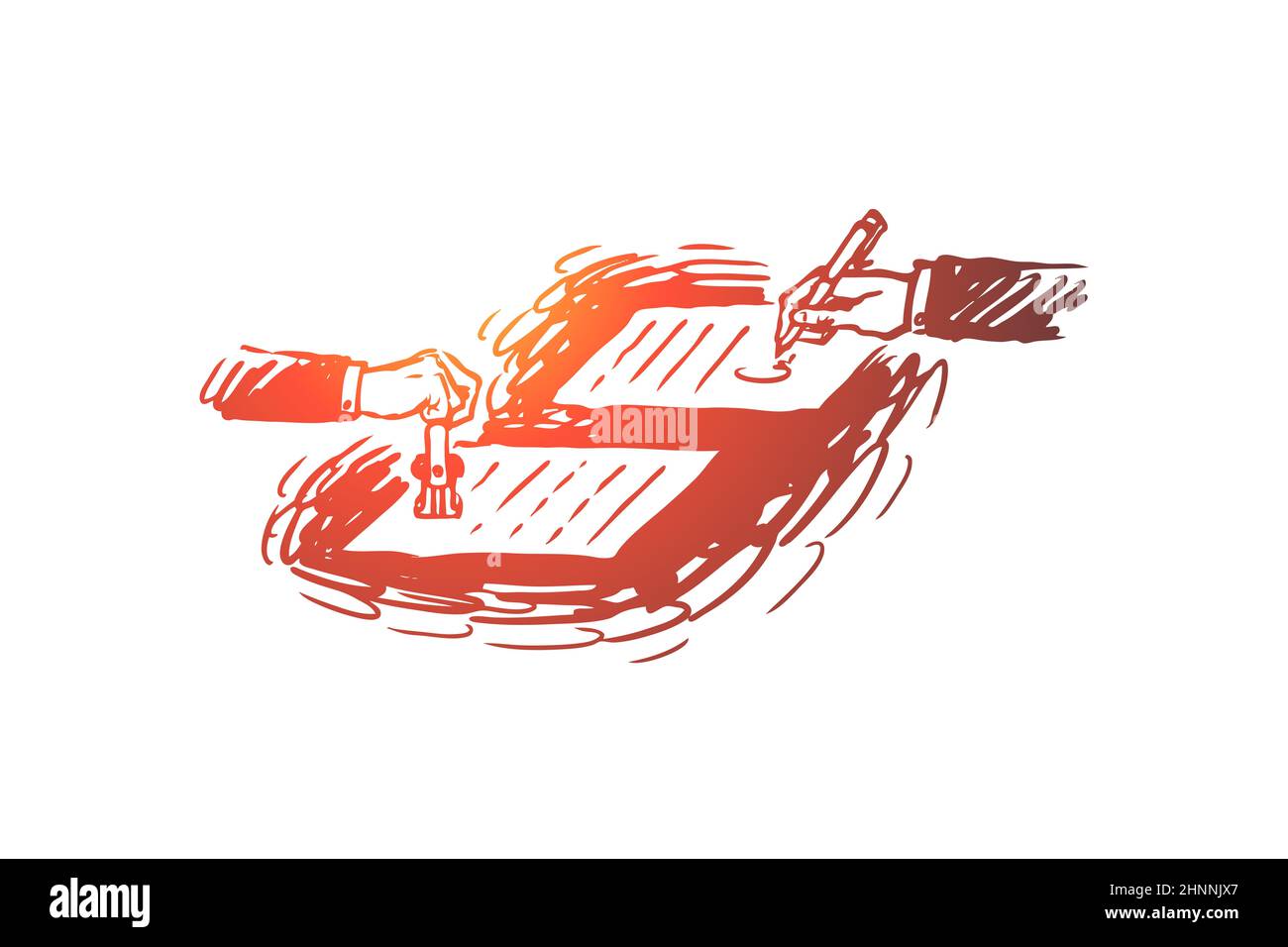 Contract, agreement, notary concept. Two hands sign the contract on a ...