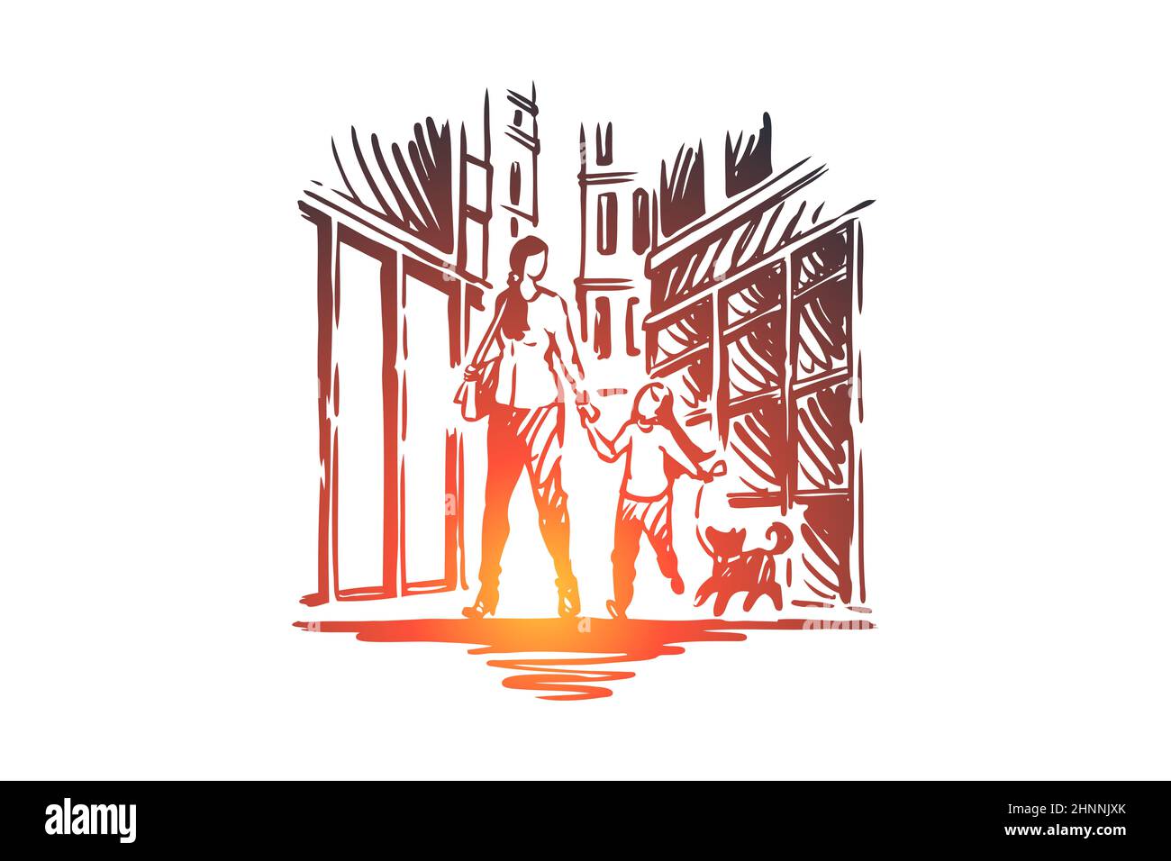 Mother's day vector concept. Mother, daughter and dog walking together ...
