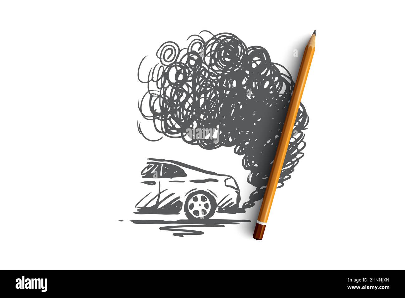 Pollution vector concept. Car with puffs of smoke behind it. Hand drawn ...