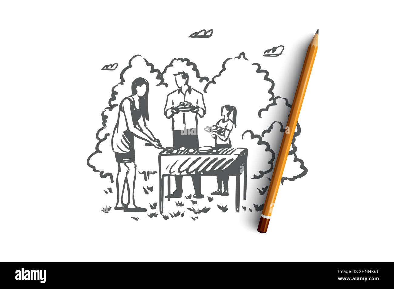 Barbecue, family, grill, bbq, food concept. Hand drawn family time and ...