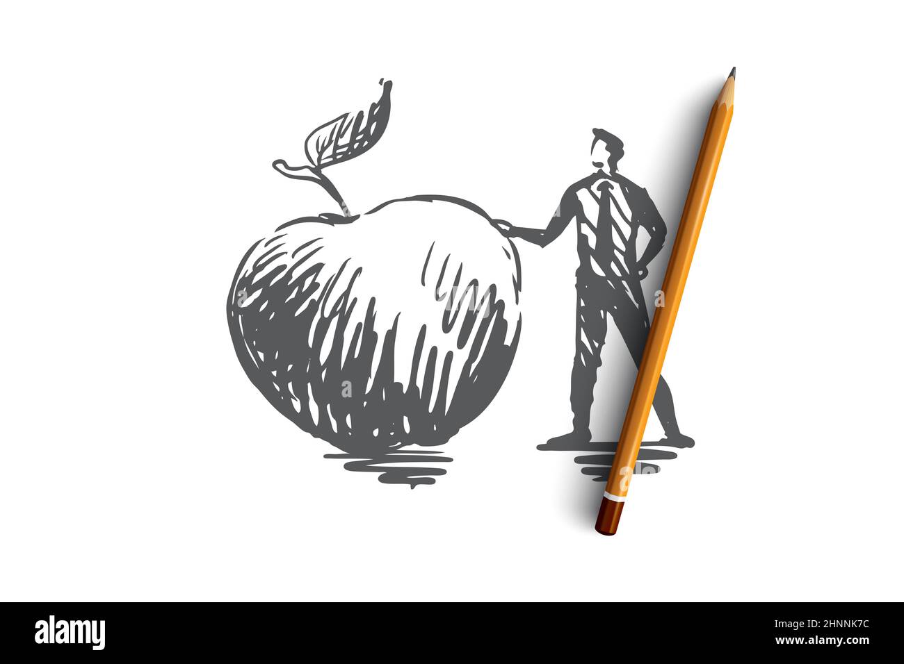 Apple, food, fruit, fresh, organic concept. Hand drawn man and big ...