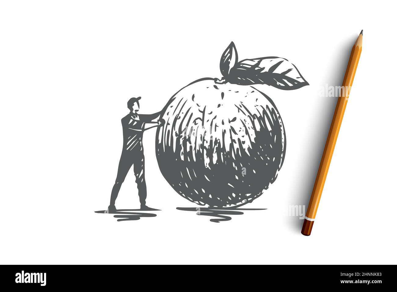 Apple, food, fruit, fresh, organic concept. Hand drawn man and big ...