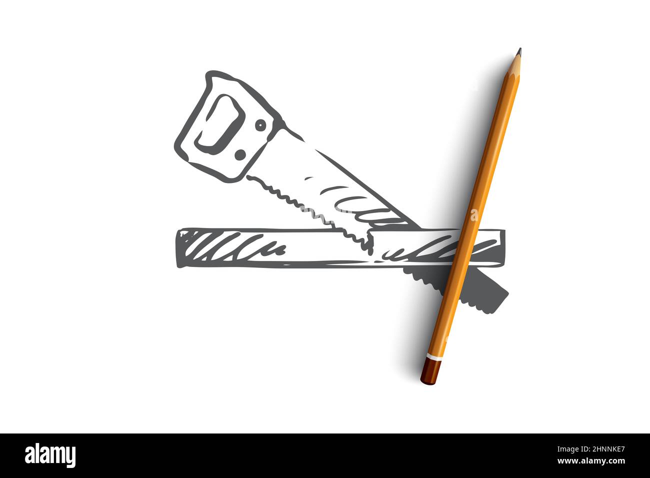 Carpenter, handyman, wood, worker, tool concept. Hand drawn saw and ...