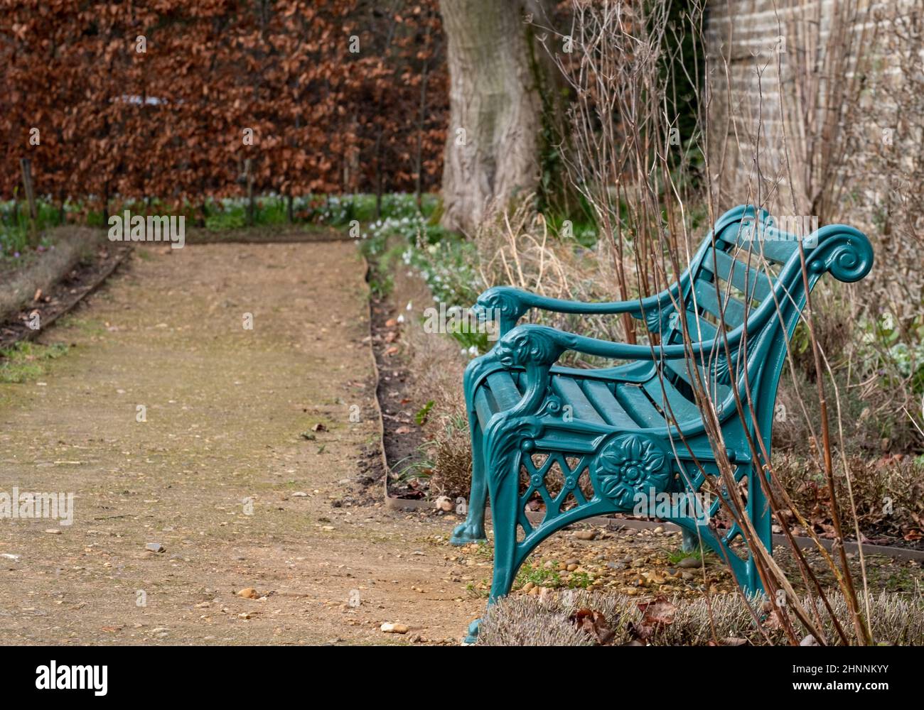 Turquoise painted ornate cast iron metal vintage retro garden bench ...