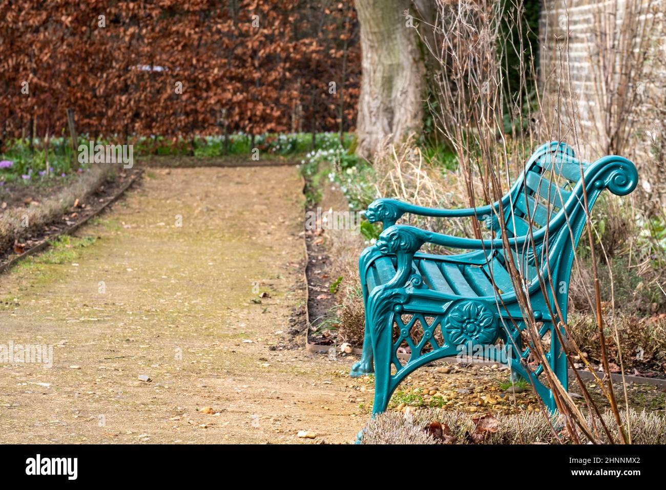 Turquoise painted ornate cast iron metal vintage retro garden bench ...