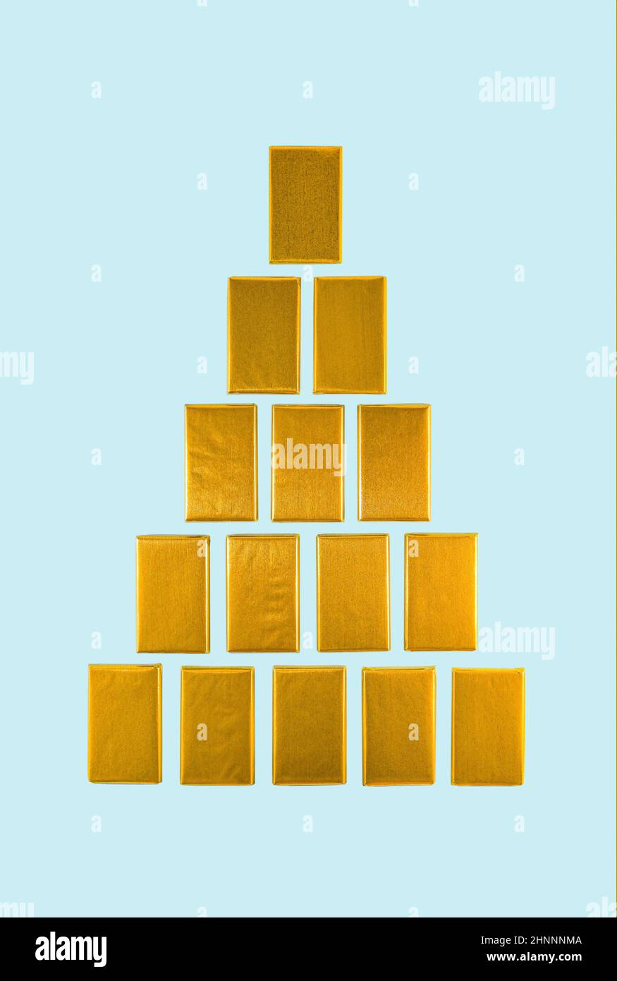 Gold bars in the pyramid are five floors. On a blue background it is ...