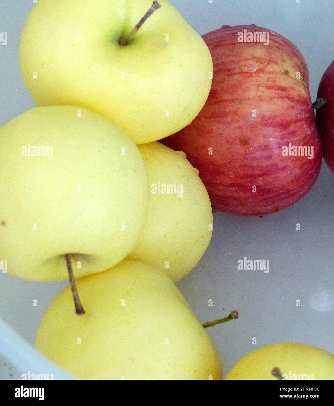 inside a basket of ripe yellow apples stands large red apple Stock ...