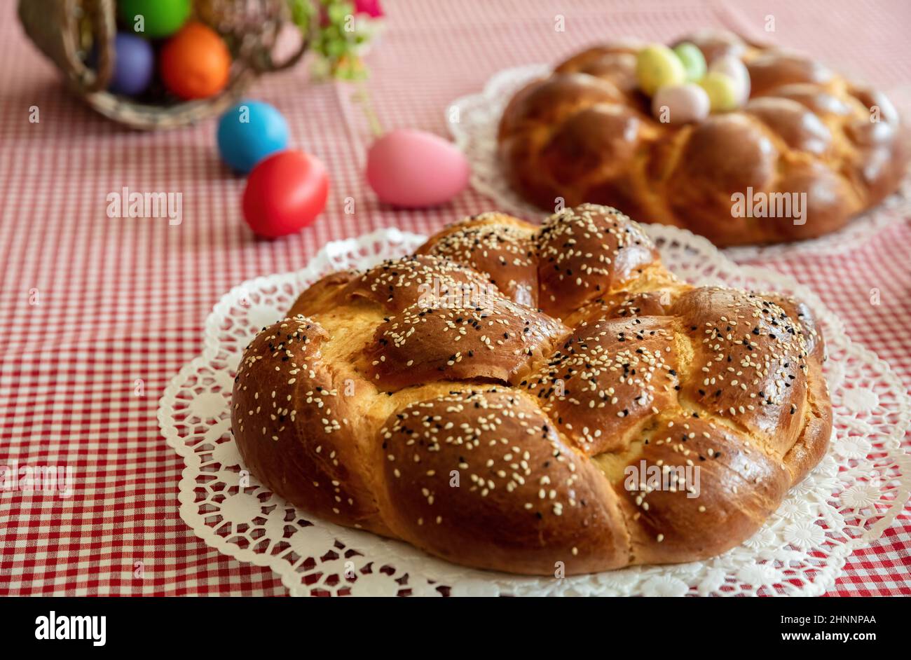Easter sweet bread, cozonac or tsoureki on table, close up view ...