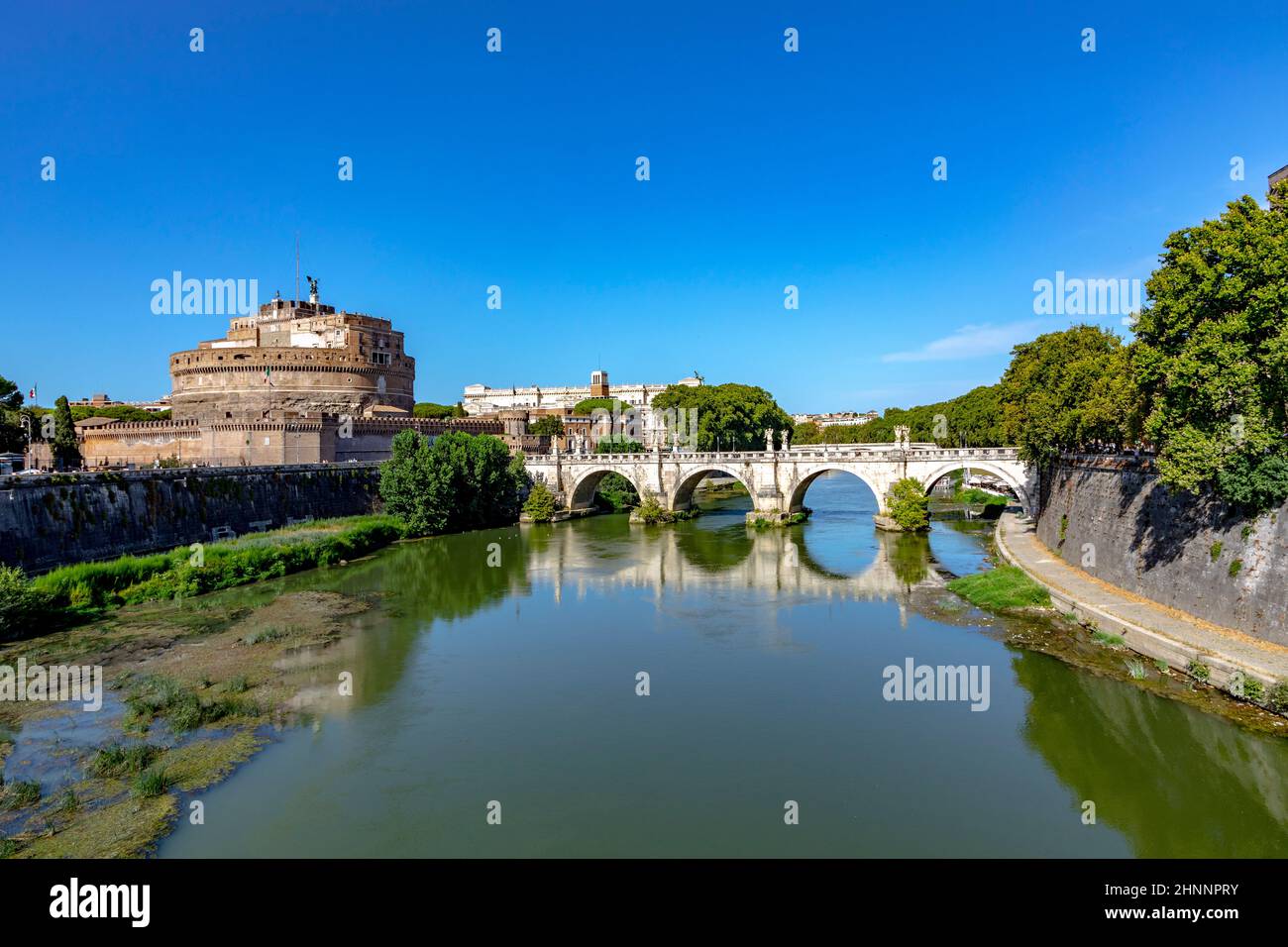 Castle Sant Angelo (Mausoleum of Hadrian), bridge Sant Angelo and river Tiber in Roma, Italy ...