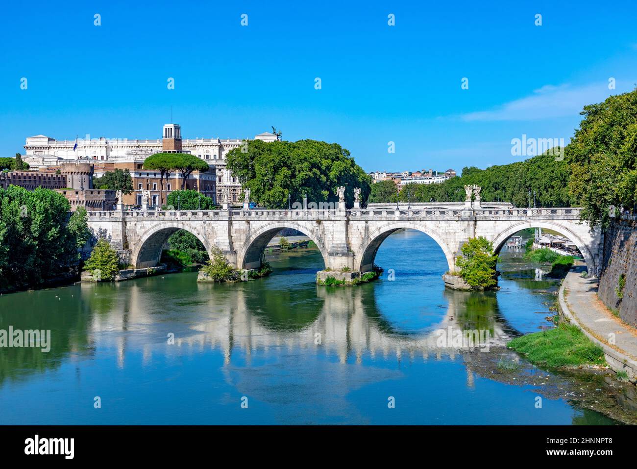 Castle Sant Angelo (Mausoleum of Hadrian), bridge Sant Angelo and river Tiber in Roma, Italy ...