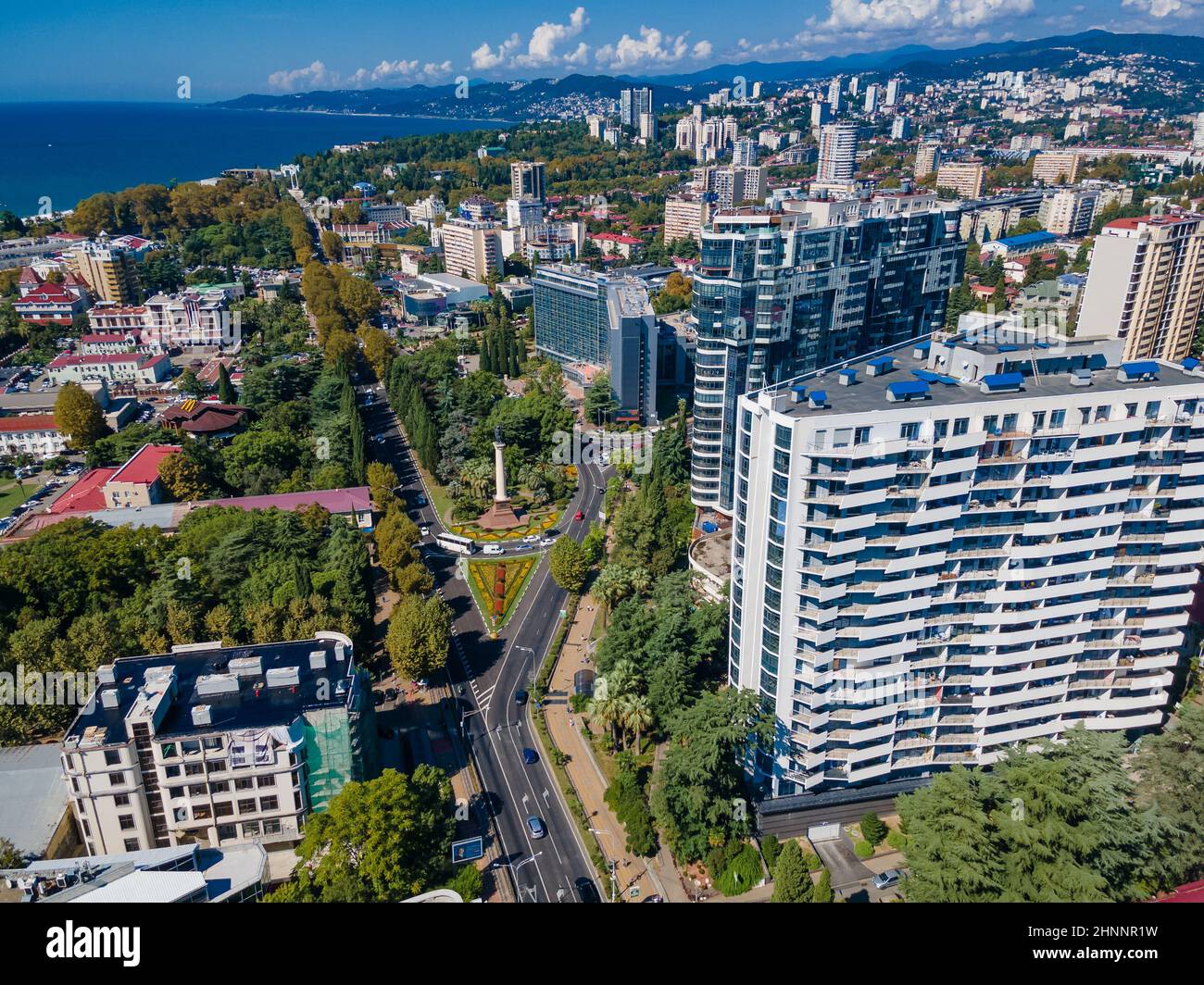 The modern Russian resort of Sochi on the Black Sea. Sochi aerial ...