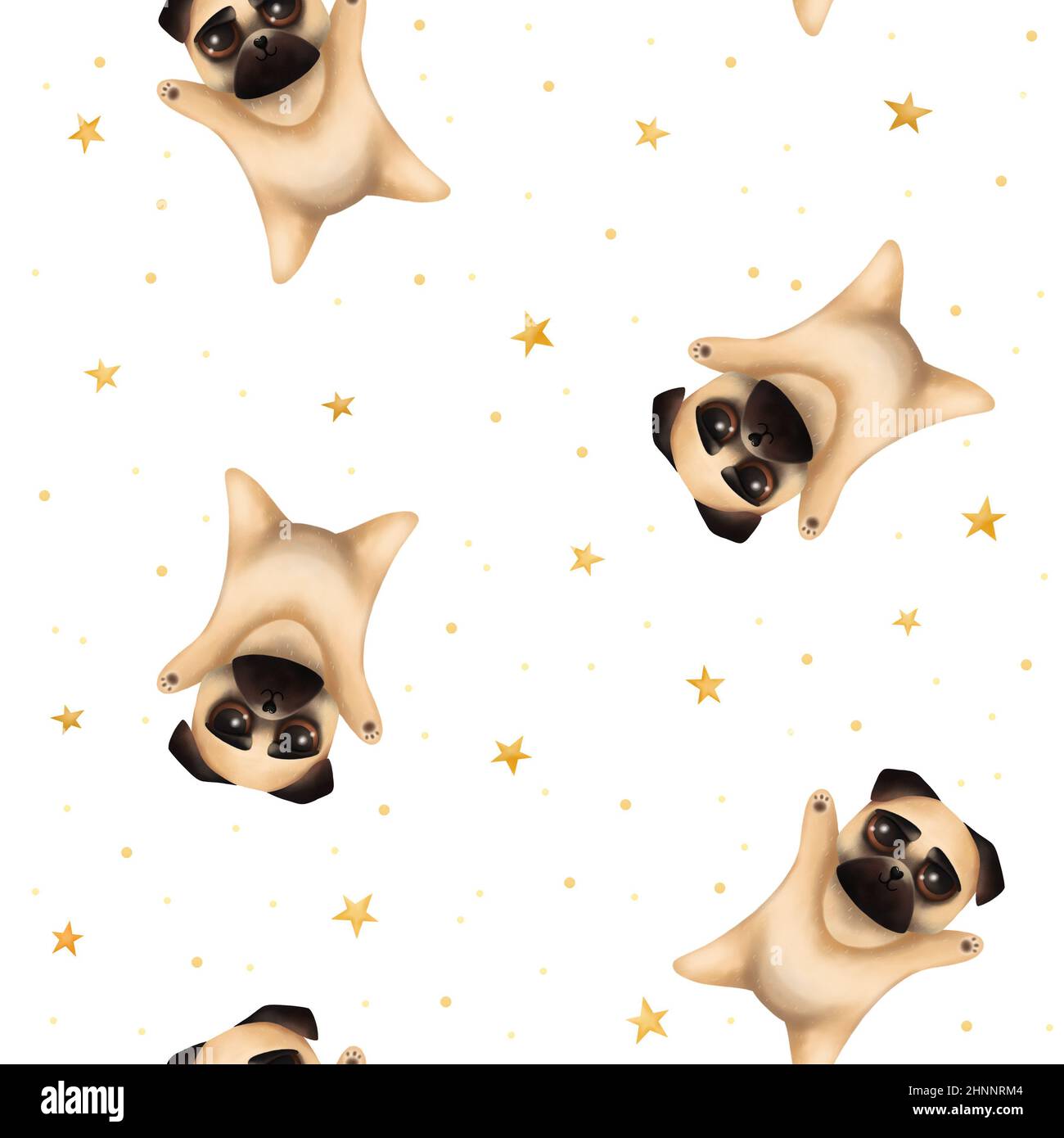 Seamless pattern with cute pugs. Pug and stars on a white background ...