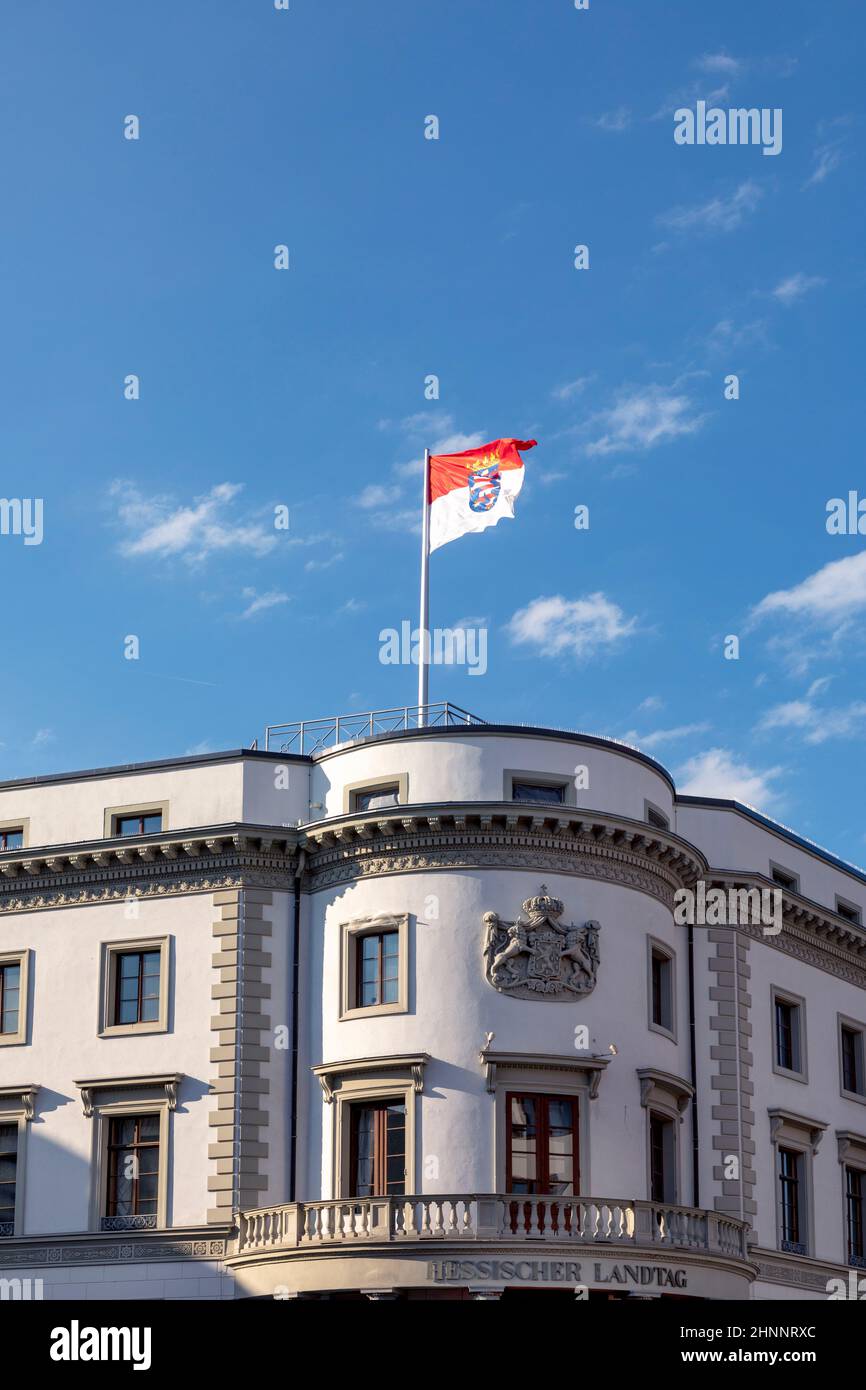 flag of Hesse under blue sky at the hessian Parliament - Hessischer ...