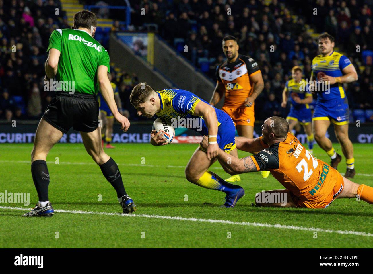 George Williams #7 of Warrington Wolves goes over for a try in, on 2/17 ...