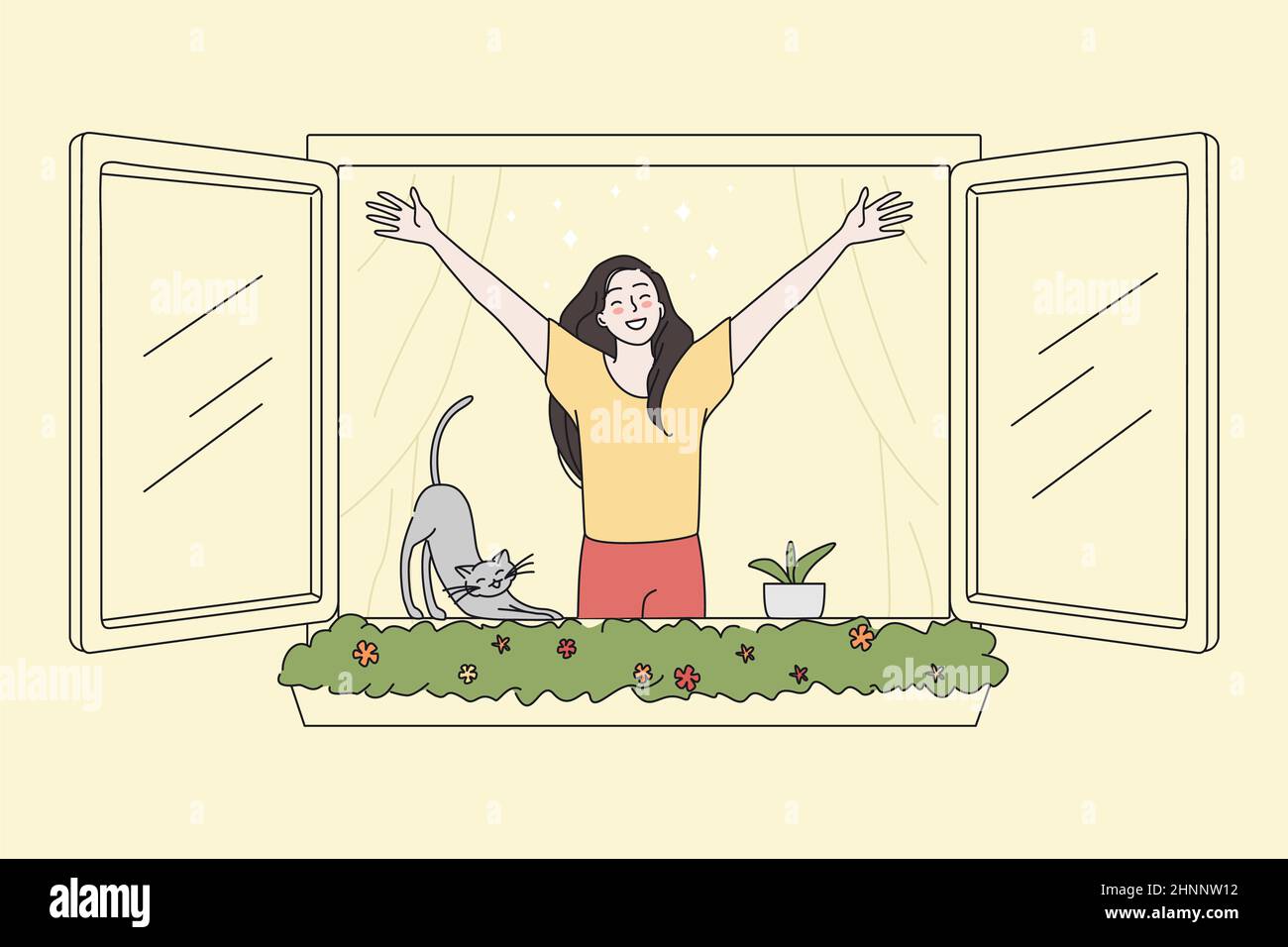 Happy young woman look out of window meet welcome new day breathe fresh ...