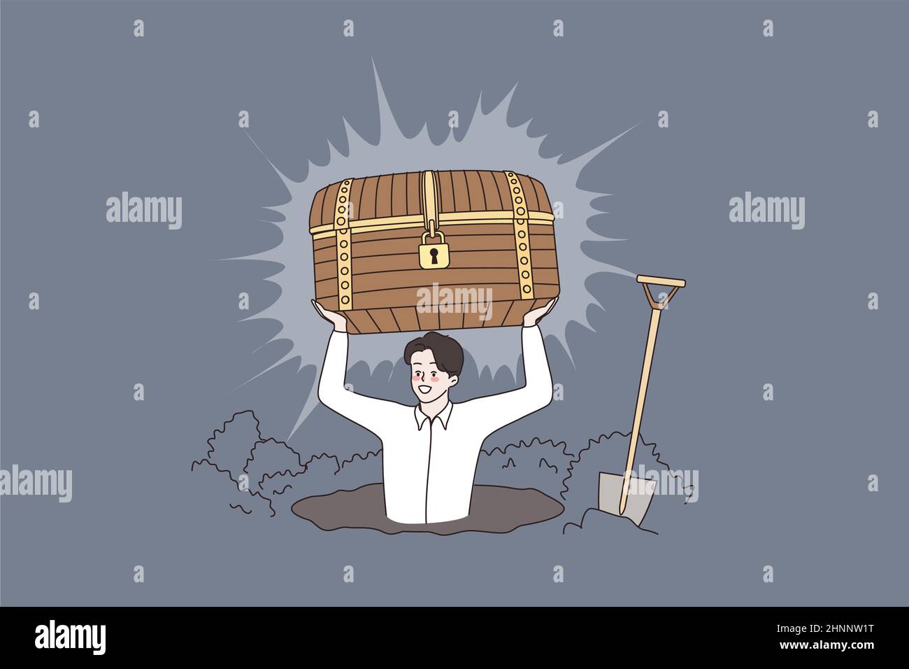 Happy man hunter seeker hold chest find treasure in ground. Excited ...