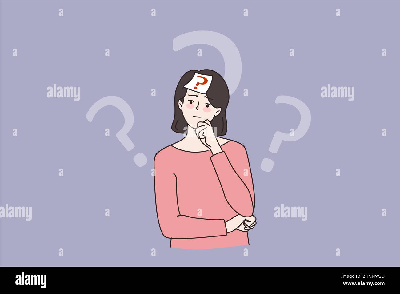 Doubtful pensive young woman with sticker note on forehead with ...