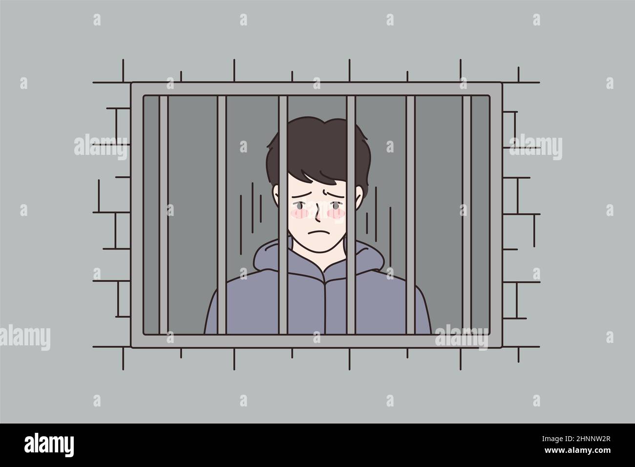 Sad man behind steel bars in country jail. Distressed unhappy male feel ...