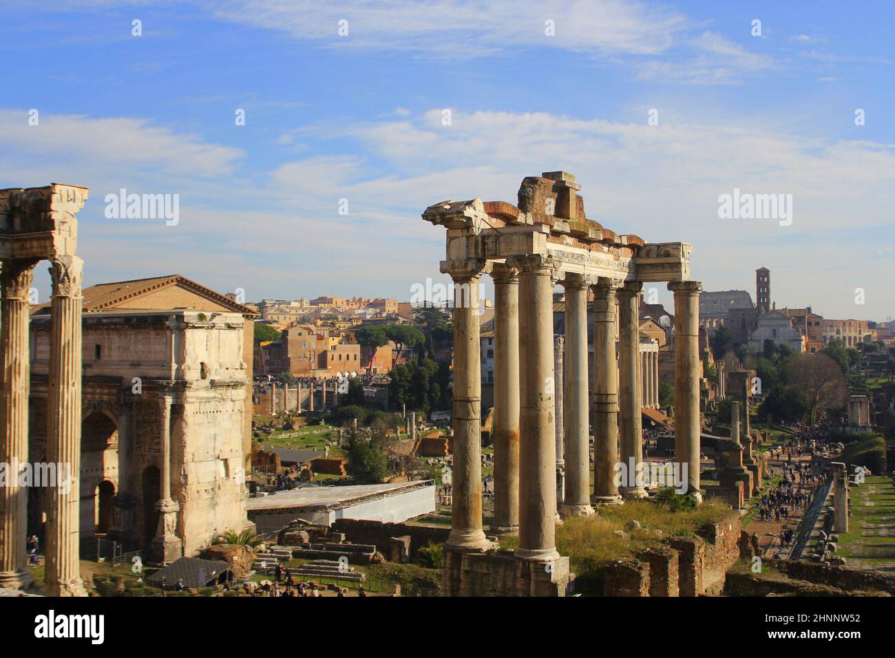Ruins of Roman Forum. Temple of Saturn, Temple of Vespasian and Titus ...
