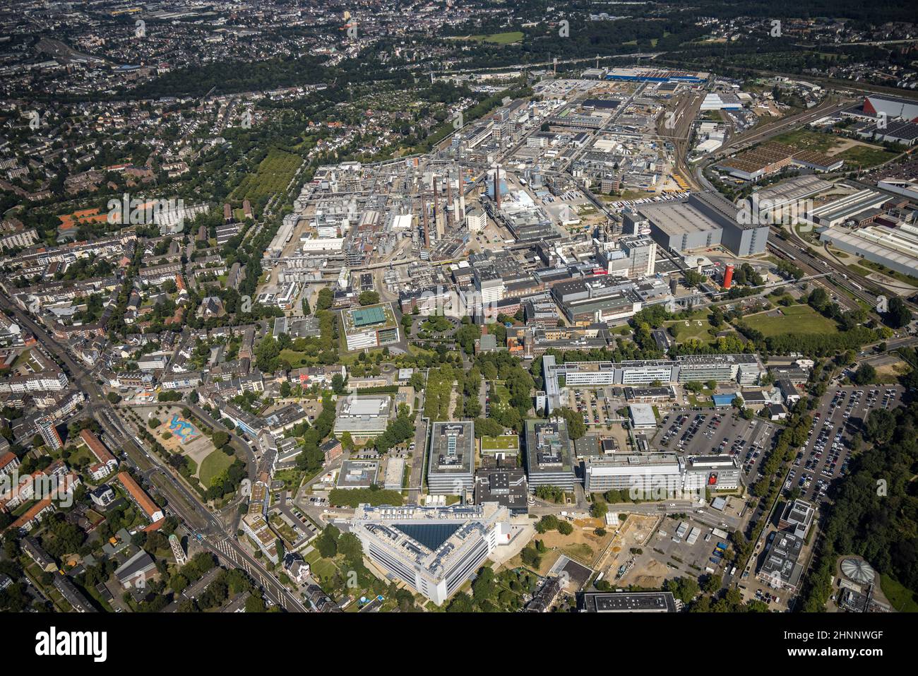 Aerial view, Henkel AG chemical plant with the triangular building ...