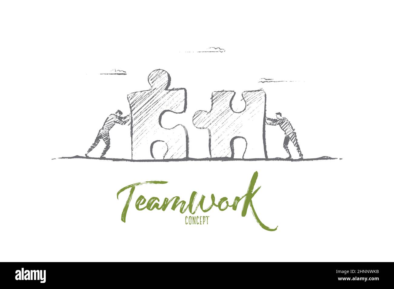 Vector hand drawn teamwork concept sketch. Bisiness people pushing huge ...