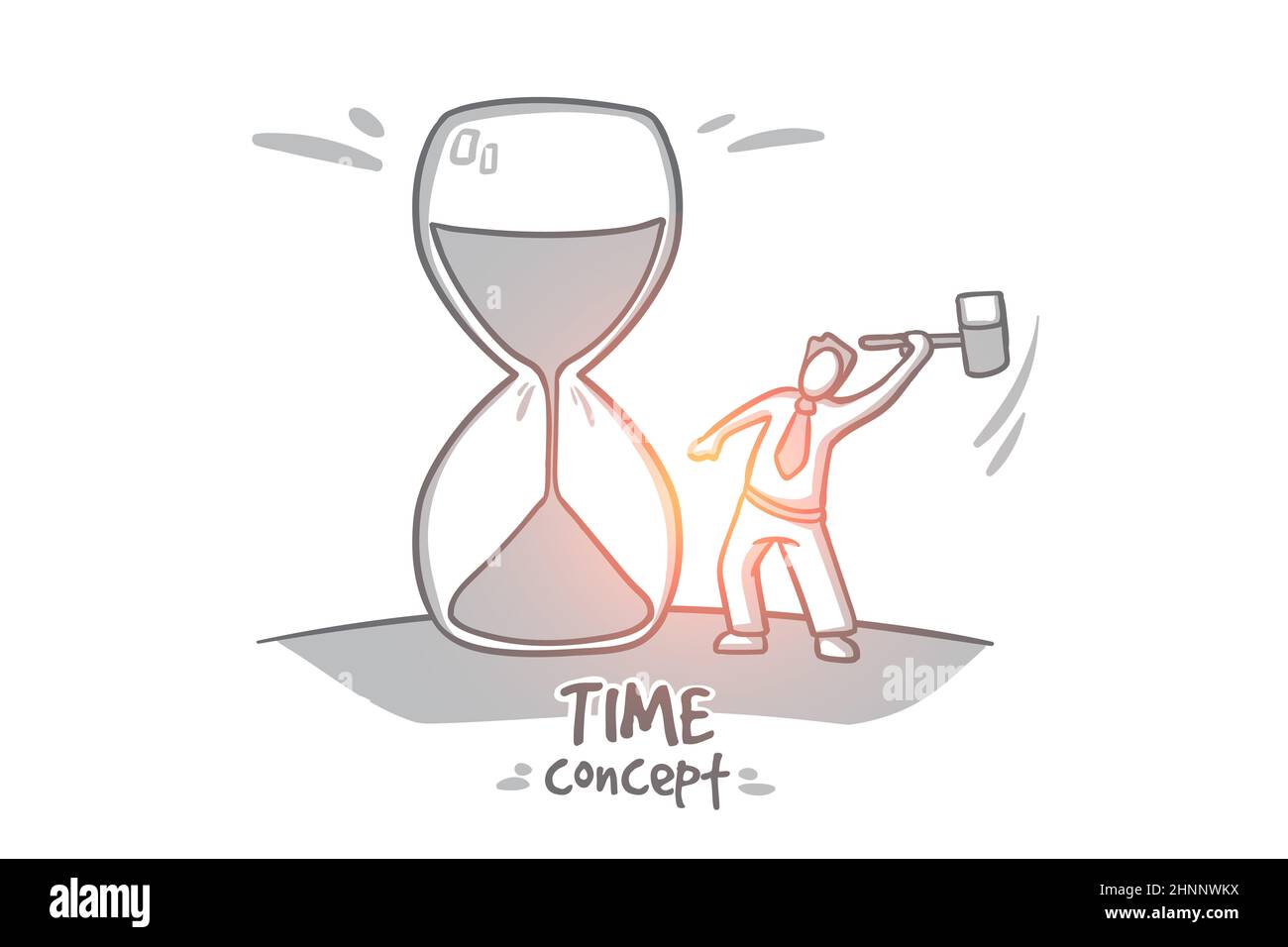 Time concept. Hand drawn hourglass time passing. man truing stop time ...